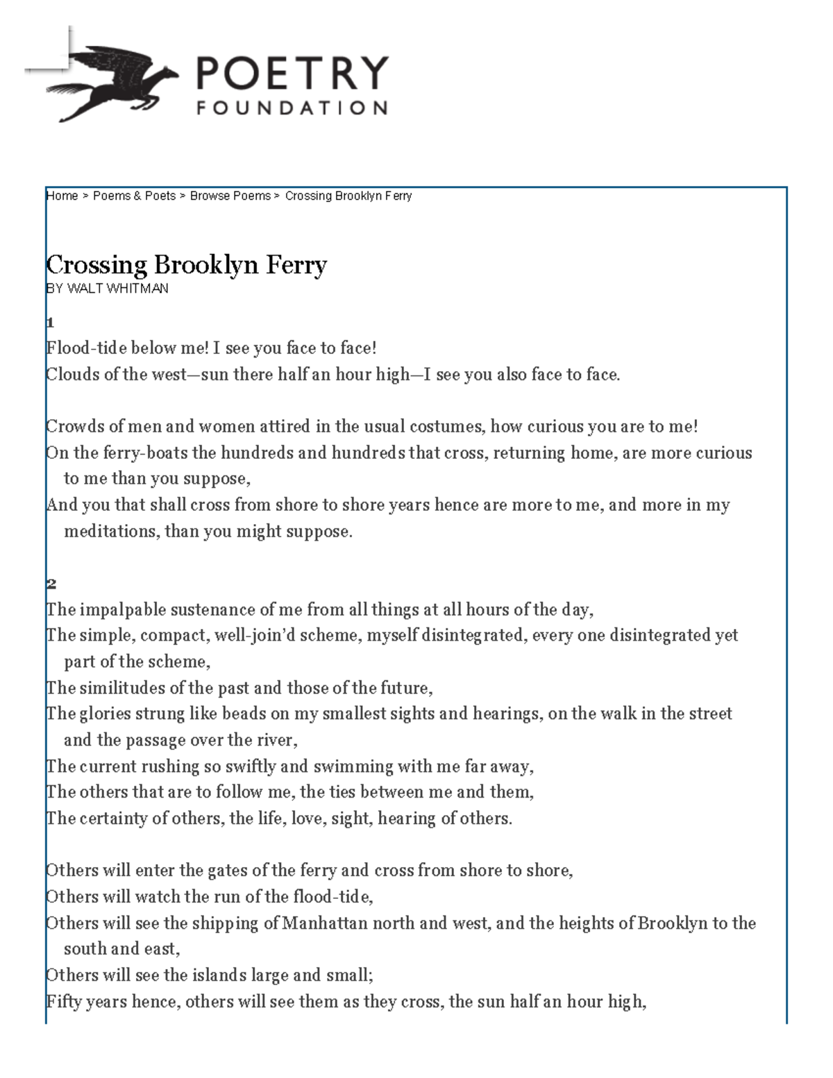 Crossing Brooklyn Ferry - Poetry Walt Whitman - Home Poems Poets Browse ...