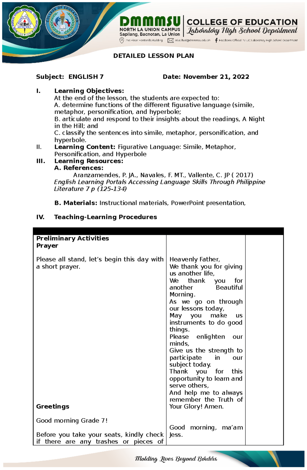 Jessica P- Literary - DETAILED LESSON PLAN Subject: ENGLISH 7 Date ...