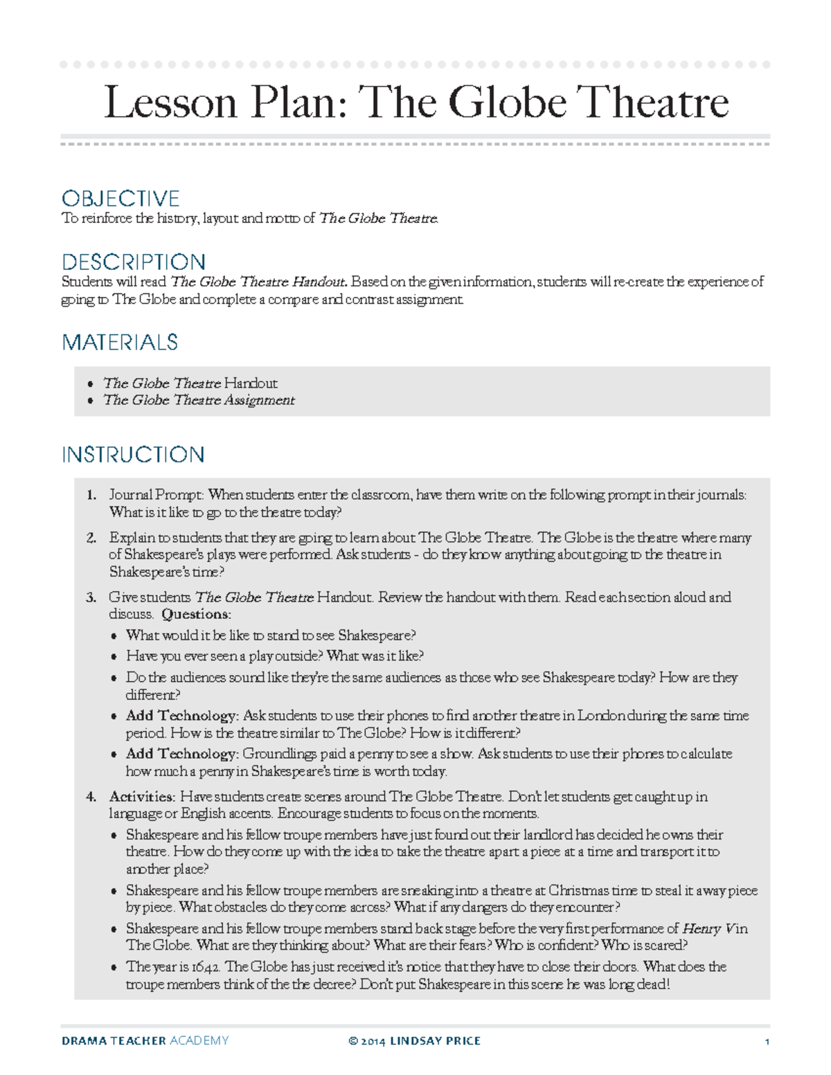 067-Theatre History The Globe Theatre - Lesson Plan: The Globe Theatre ...