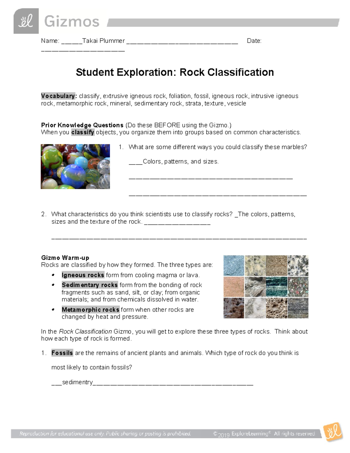Rock Classification SE - Name: ______Takai Plummer ...