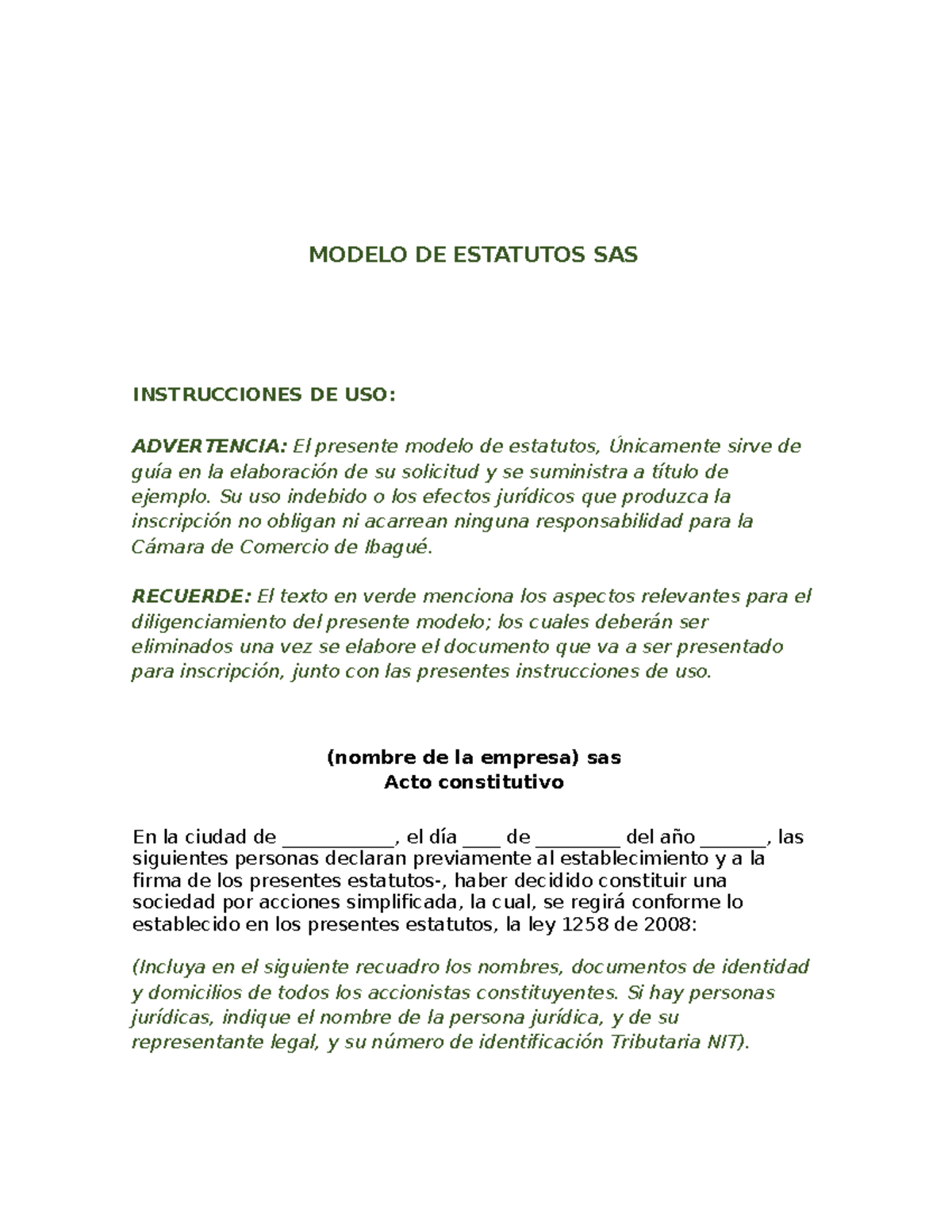 Modelo-Estatutos-SAS (10) - MODELO DE ESTATUTOS SAS INSTRUCCIONES DE ...