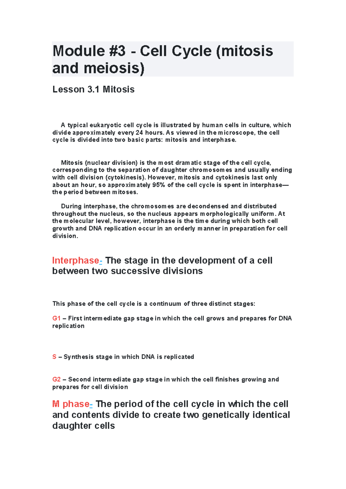 Bio cell div & transport - Module #3 - Cell Cycle (mitosis and meiosis ...