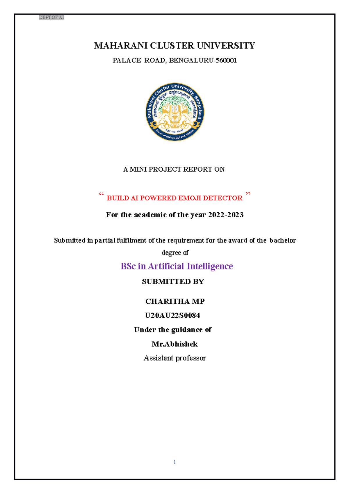 Chari project report (1) - Copy - MAHARANI CLUSTER UNIVERSITY PALACE ...