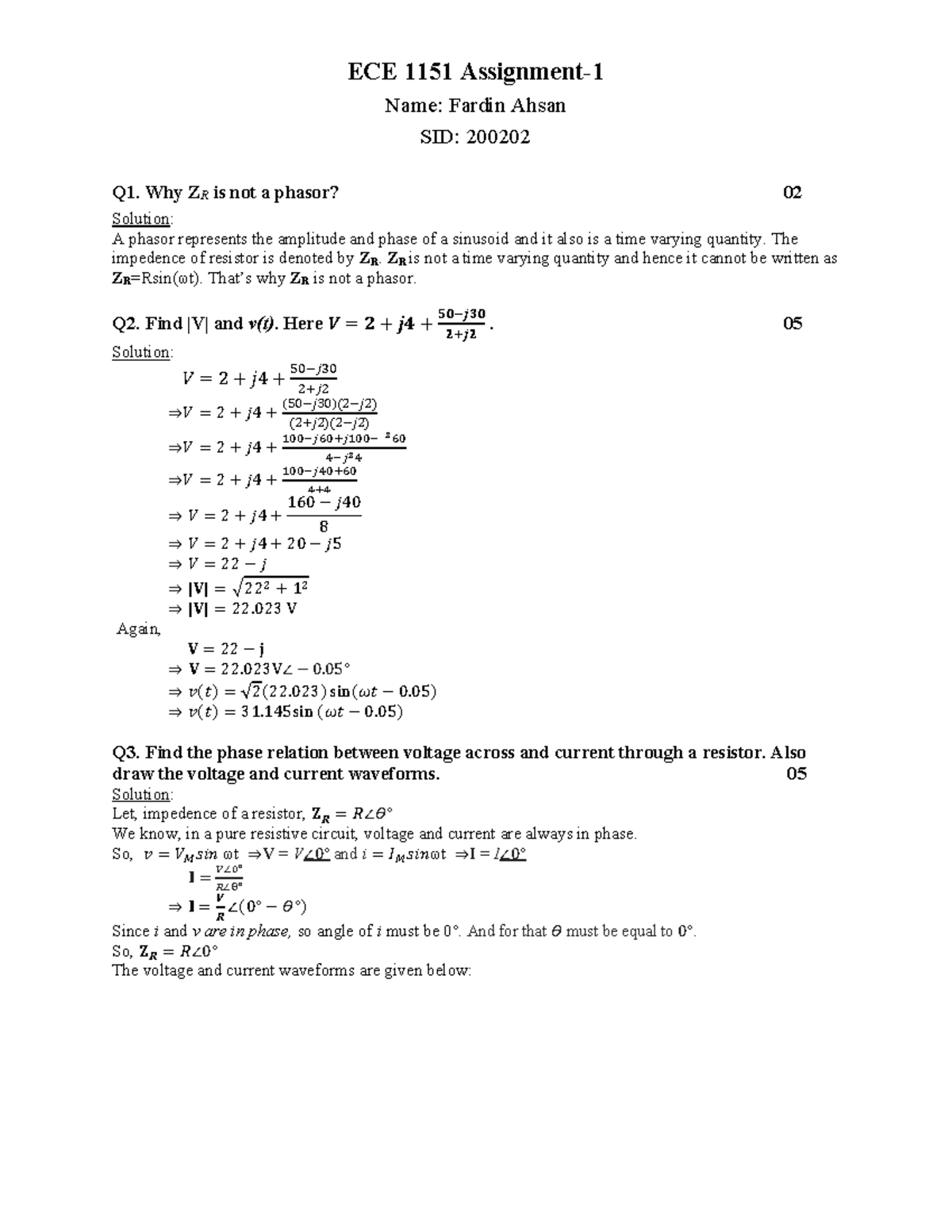ECE 1151 Assignment 1 - ECE 1151 Assignment- Name: Fardin Ahsan SID ...