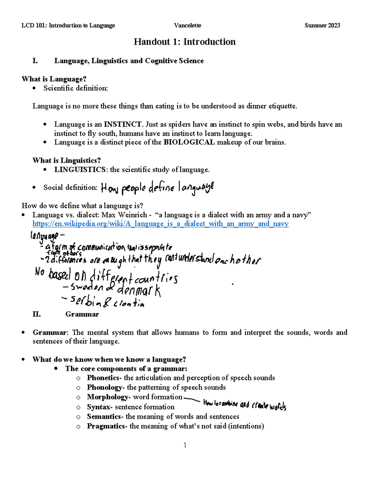 LCD 101 Handout 1 Summer 2023 - LCD 101: Introduction to Language ...