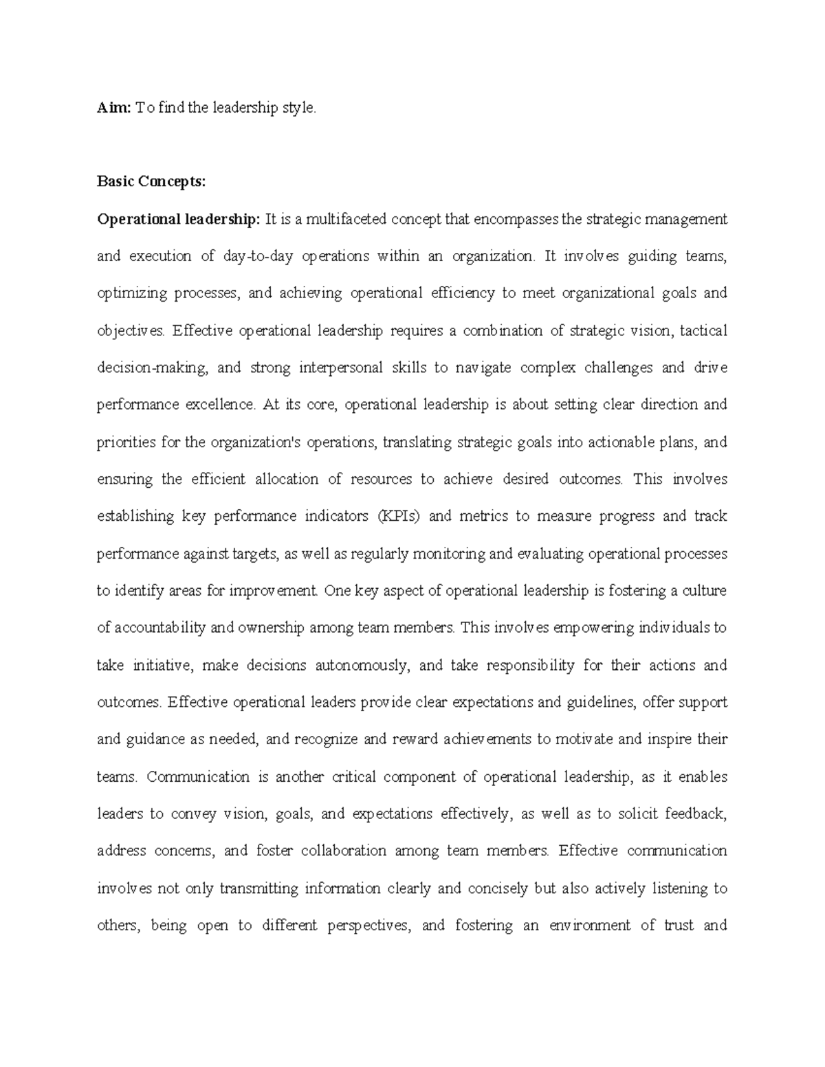 Leadership style inventory - Aim: To find the leadership style. Basic ...