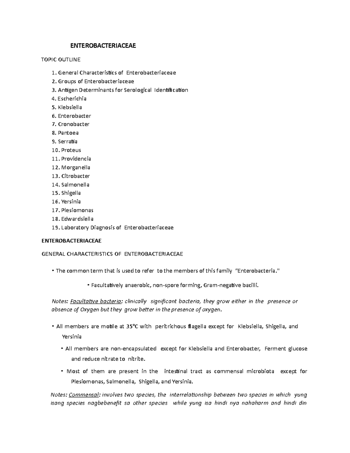 Enterobacteriaceae - ENTEROBACTERIACEAE TOPIC OUTLINE General ...