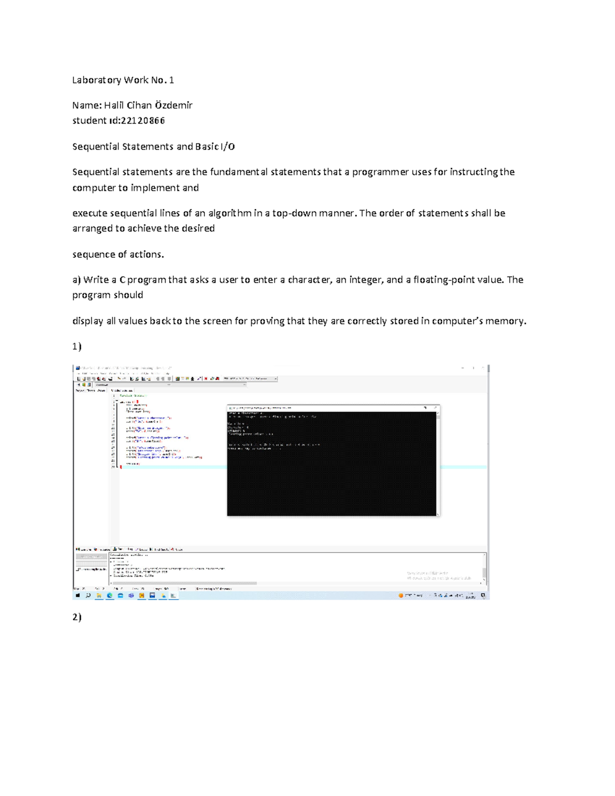 22120866 - notes - Laboratory Work No. 1 Name: Halil Cihan Özdemir ...