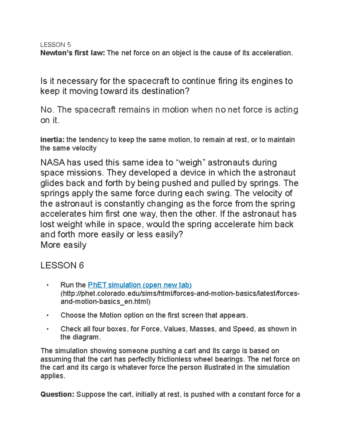 Force and motion lesosn 5-7 and 1-7 quiz - LESSON 5 Newton’s first law ...