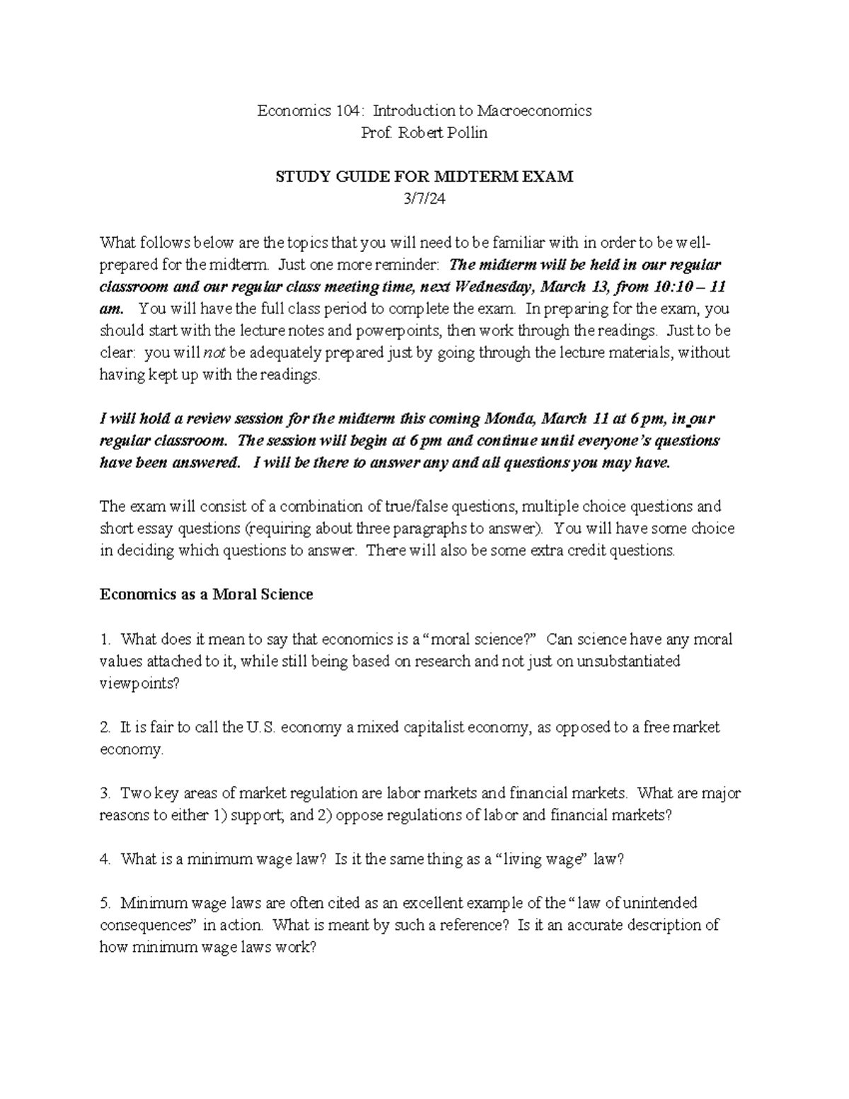 Pollin-Economics 104-Study Guide for Midterm Exam-3-7-24 - Economics 104: Introduction to - Studocu