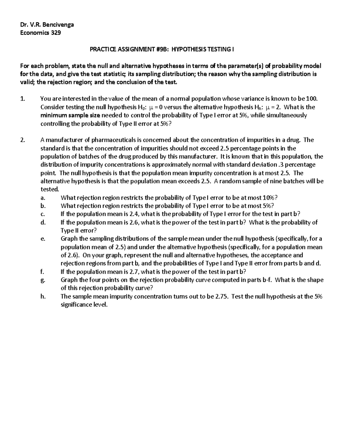 09 STAT HWB q hypothesis testing one pop - Dr. V. Bencivenga Economics ...