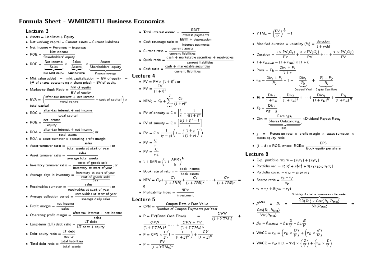 Formula Sheet Landscape - Formula Sheet WM0628TU Business Economics ...