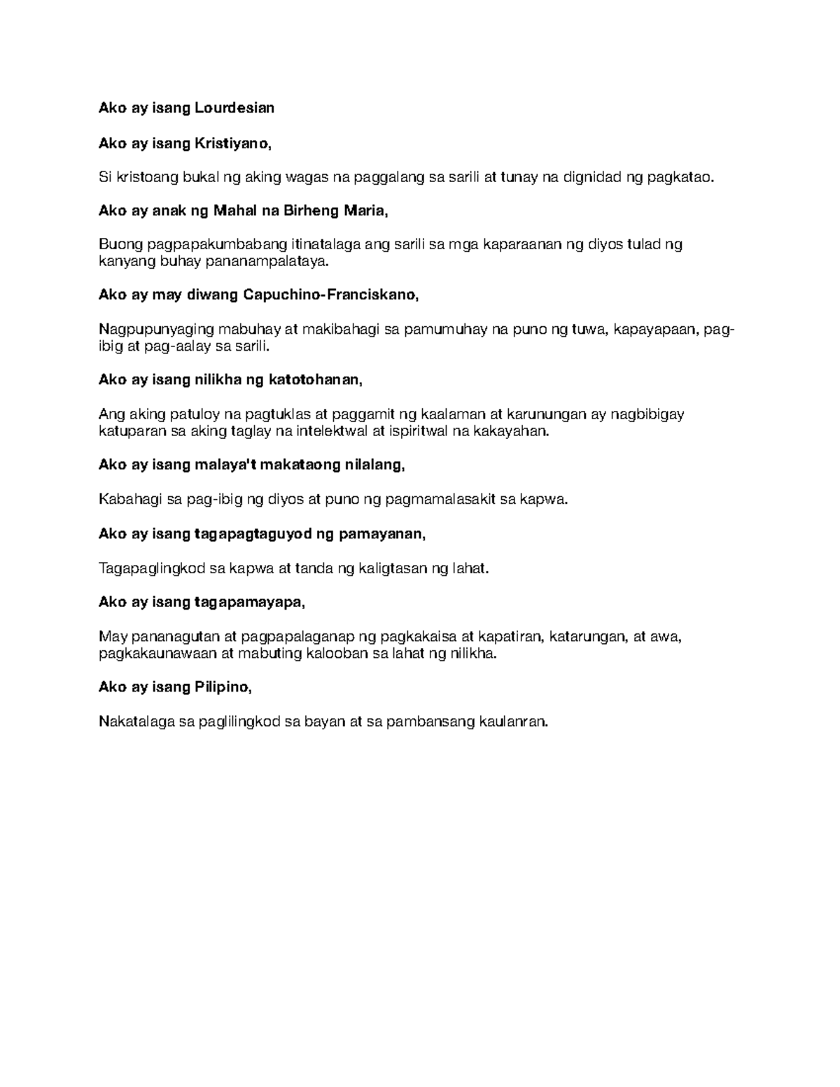 Kredo (IEN Flores) - Notes - Ako ay isang Lourdesian Ako ay isang ...