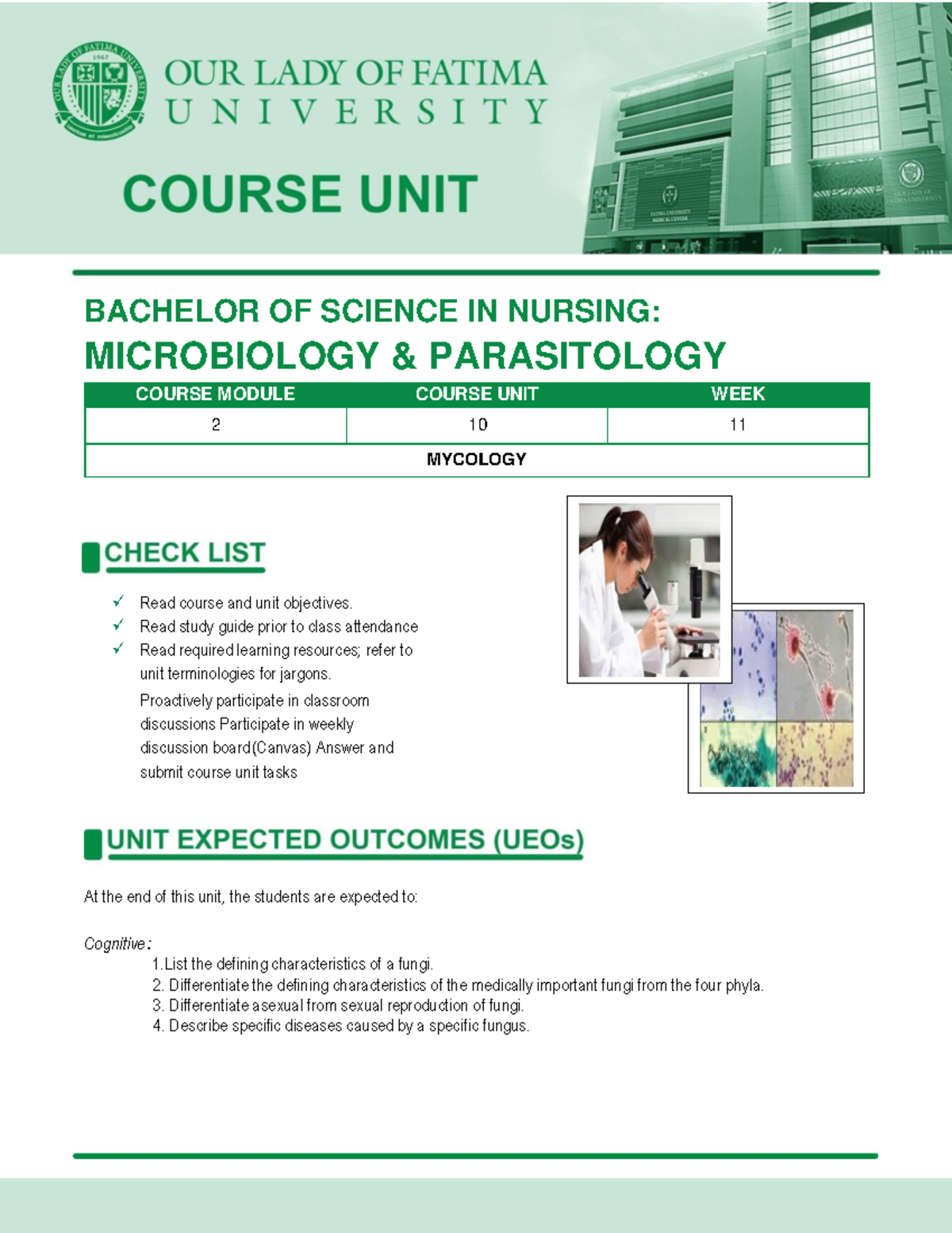 CM2-CU10-Wk 11 LEC Mycology - BACHELOR OF SCIENCE IN NURSING ...