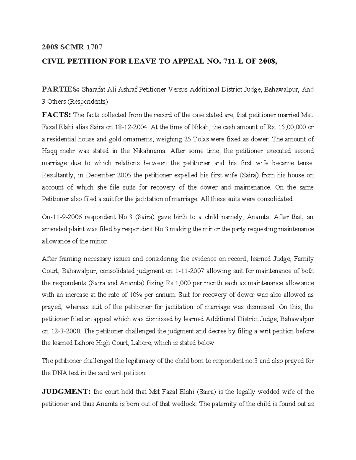 2008 SCMR 1707 - Caselaw - 2008 SCMR 1707 CIVIL PETITION FOR LEAVE TO ...