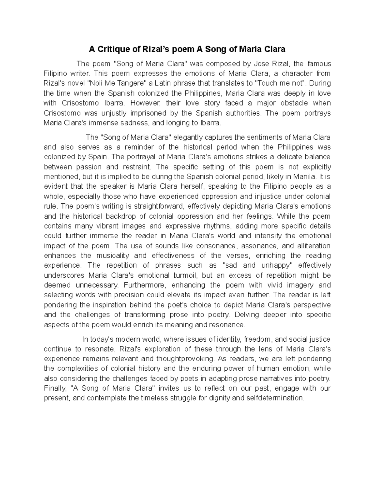 THE POEM - A SONG OF Maria Clara - Critique Paper - A Critique of Rizal ...