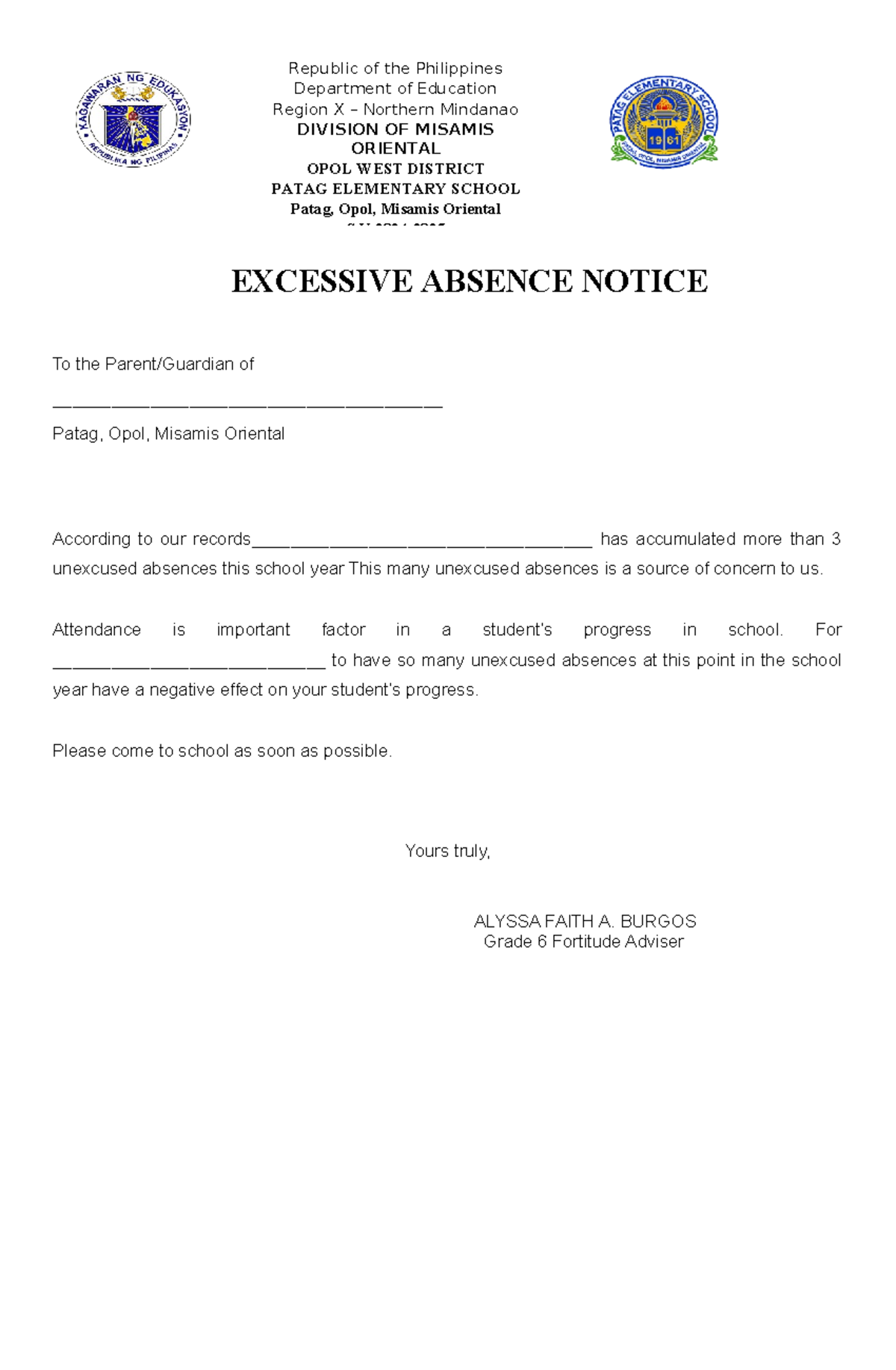 Excessive- Letter - EXCESSIVE ABSENCE NOTICE To the Parent/Guardian of ...