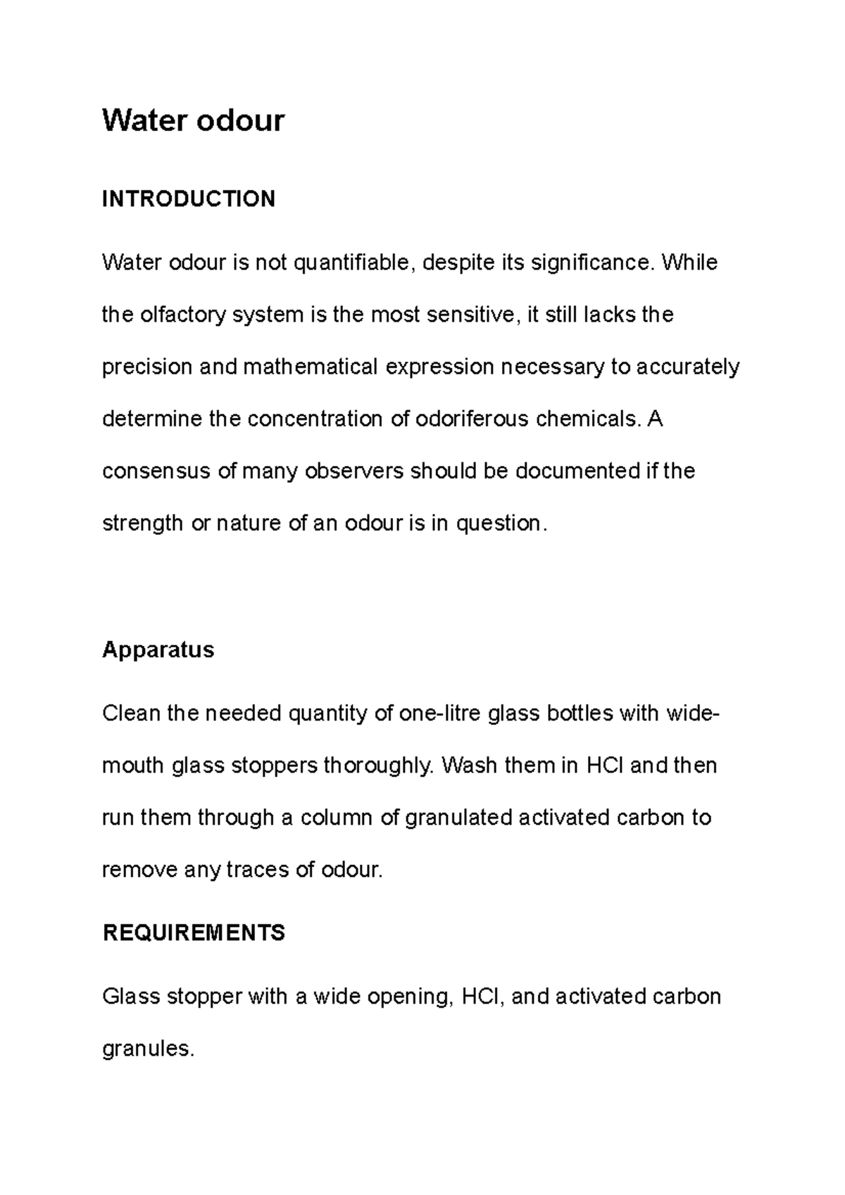 Water odour - Notes - Water odour INTRODUCTION Water odour is not ...