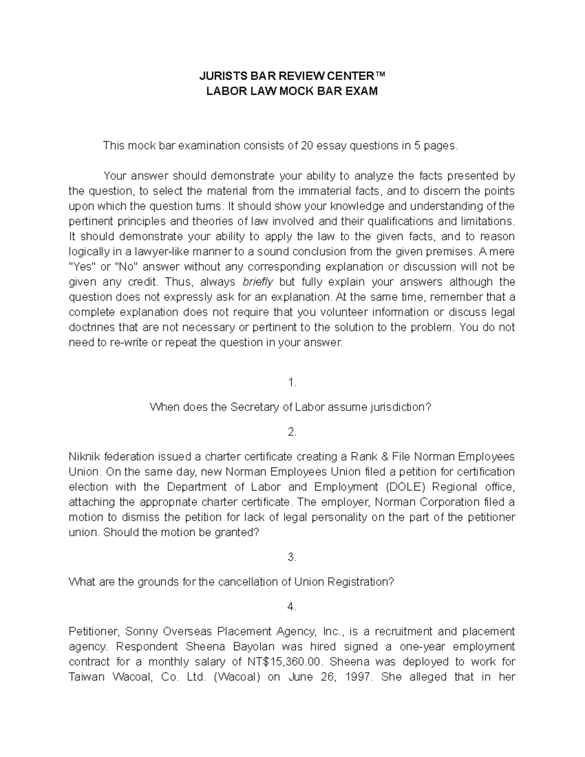 Labor law Mockbar questions for Bar Examination - JURISTS BAR REVIEW ...