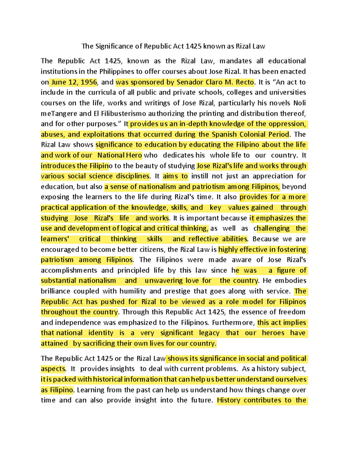 Rizal - jose - The Significance of Republic Act 1425 known as Rizal Law ...