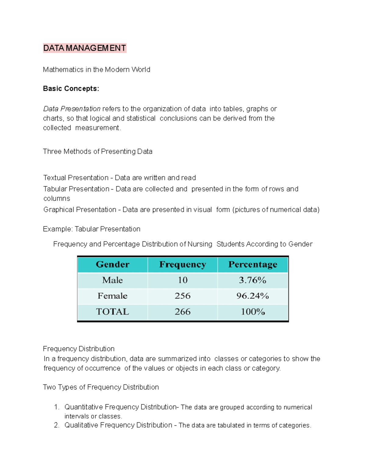 Data Management - DATA MANAGEMENT Mathematics in the Modern World Basic ...