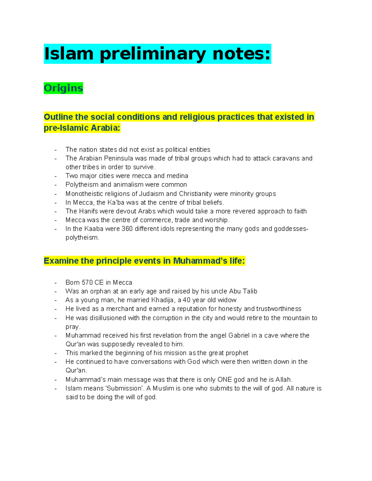 Islam preliminary notes - Islam preliminary notes: Origins Outline the ...