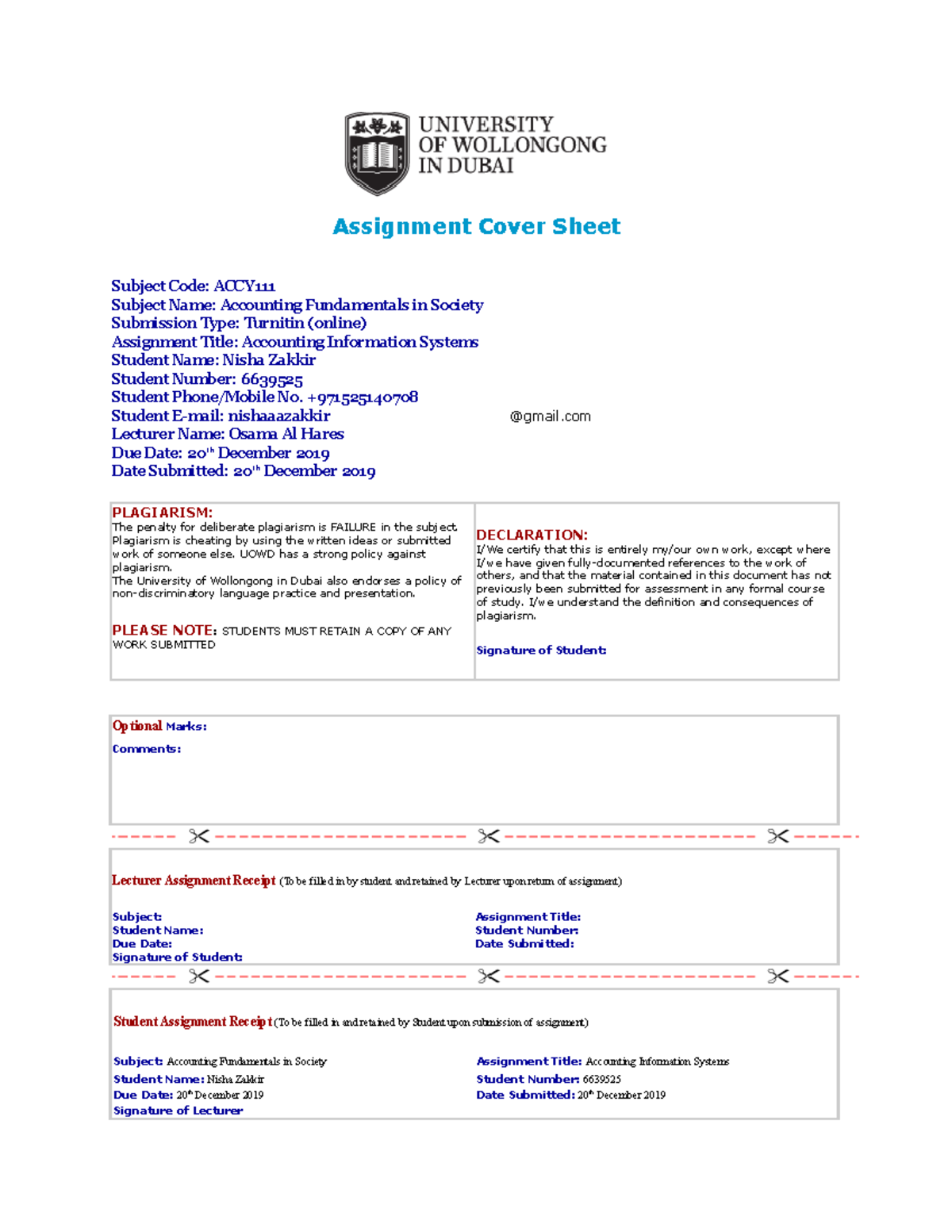 AIS Report - here - Assignment Cover Sheet Subject Code: ACCY Subject ...