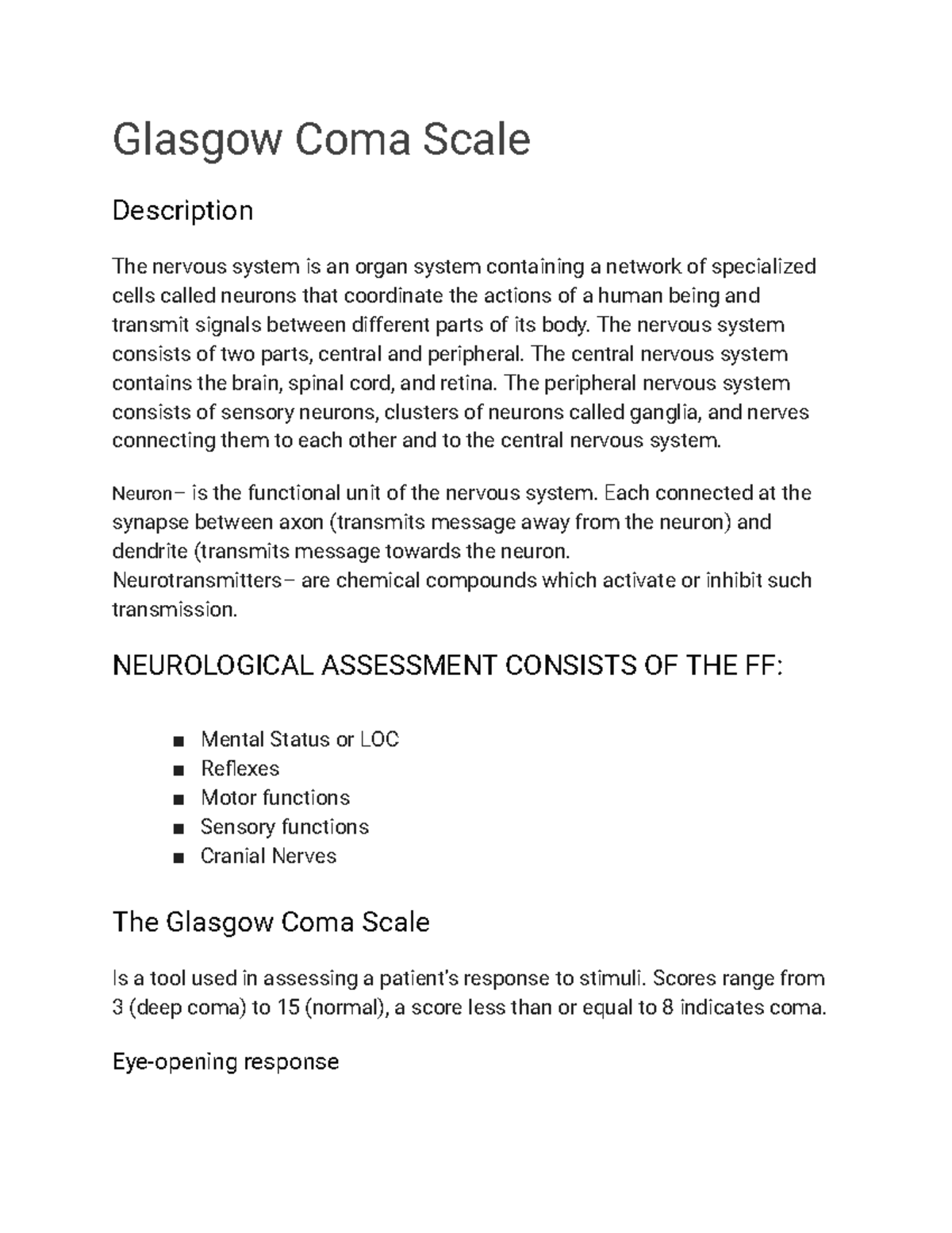 Glasgow Coma Scale - carmines - Glasgow Coma Scale Description The ...