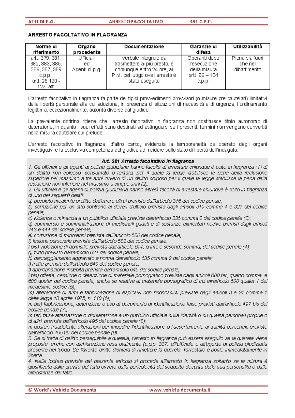 ART.381 ARR Facoltativo Flagranza - ARRESTO FACOLTATIVO IN FLAGRANZA ...