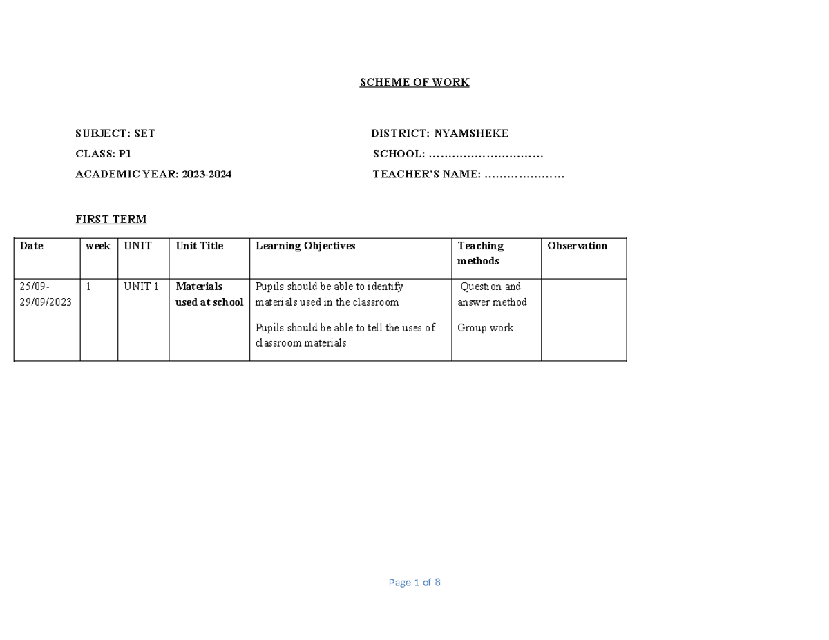 P1set Scheme P1 Study Science And Elementary Technology Scheme Of