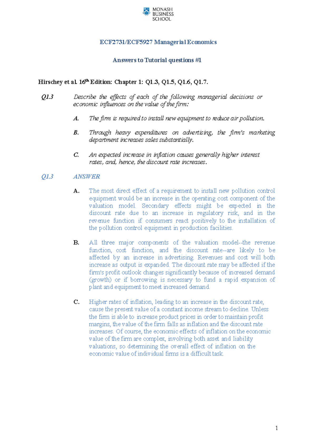Answers To Tutorial Questions 1 Introduction To Managerial Economics Ecf2731ecf5927