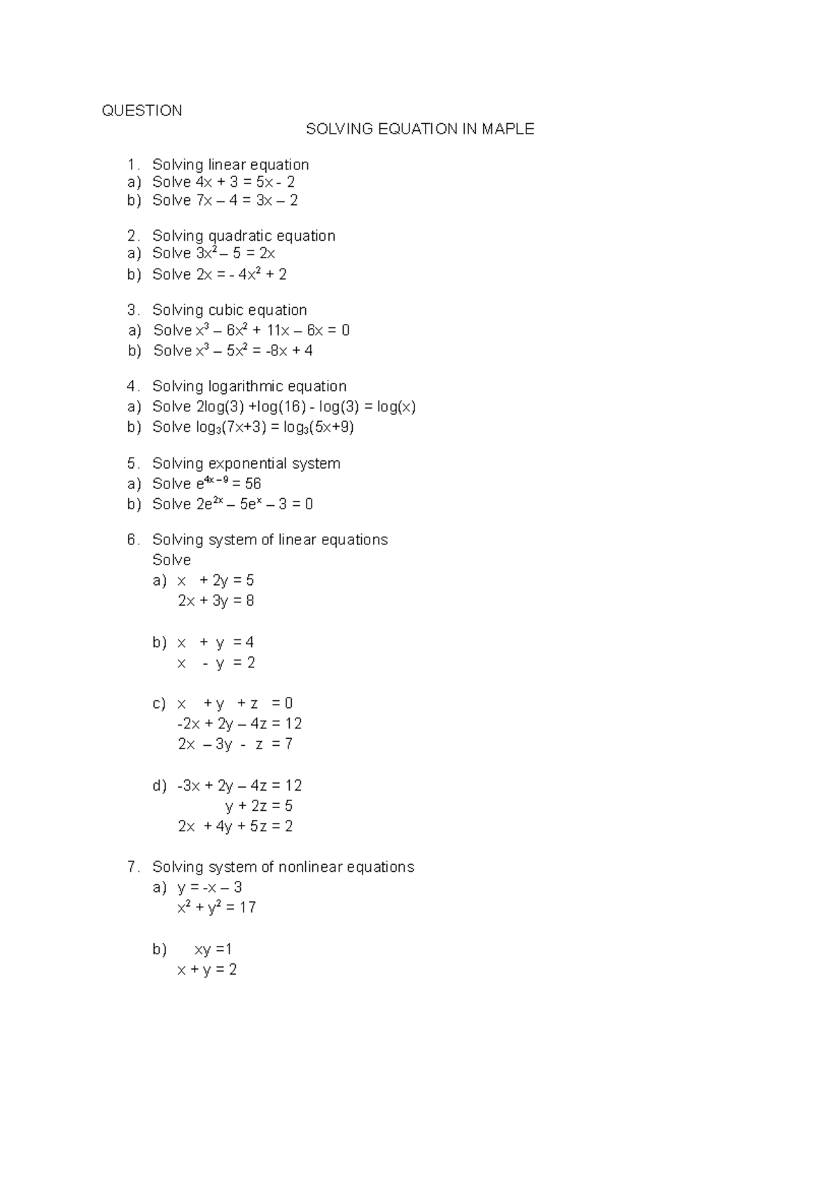 WWW Maple CSC110 - QUESTION SOLVING EQUATION IN MAPLE Solving linear ...