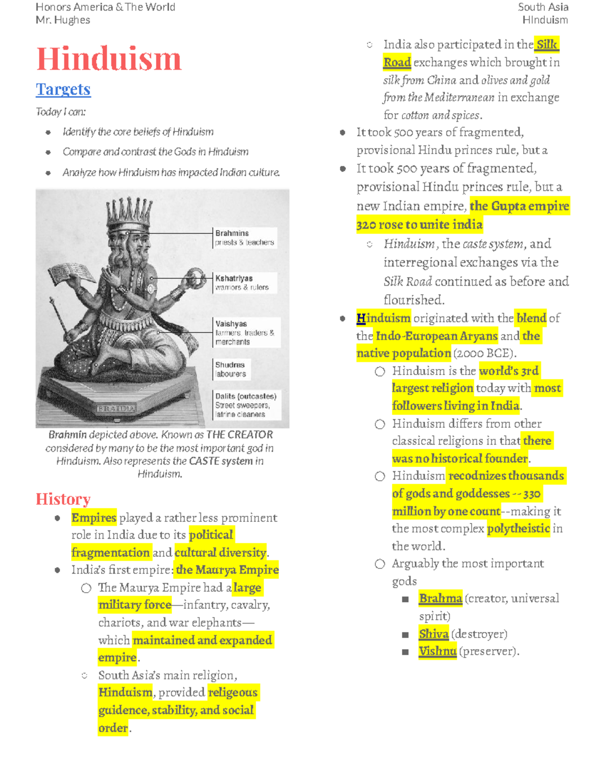 Notes Hinduism - Honors America & The World South Asia Mr. Hughes ...