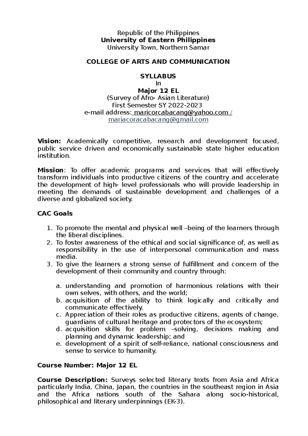 Syllabus in Afro Asian Lit - Republic of the Philippines University of ...