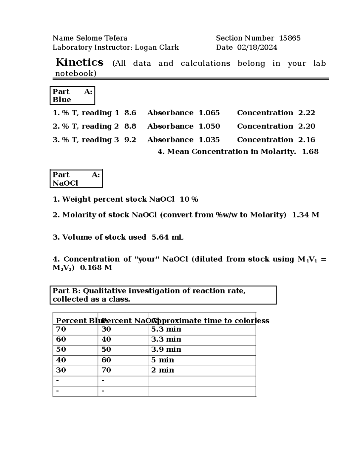 04.Kinetics Submission - Name Selome Tefera Section Number 15865 Laboratory Instructor: Logan ...