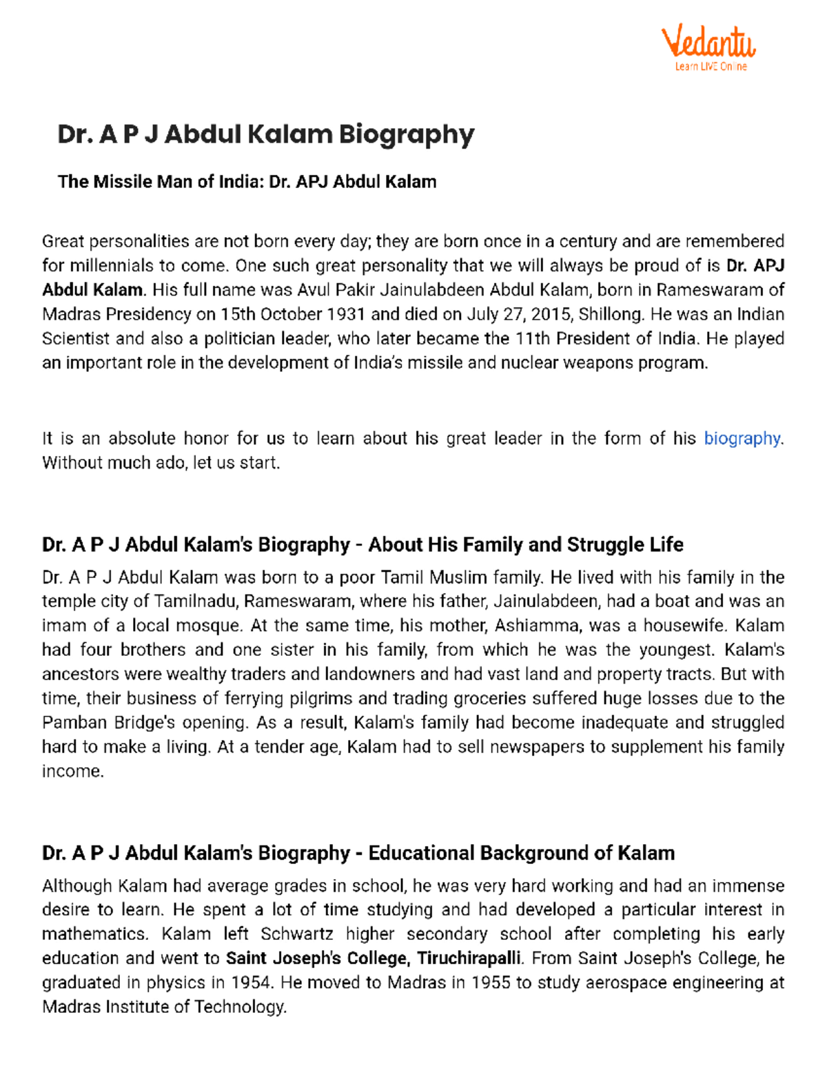 Dr. A P J Abdul Kalam Biography - Vedantu Learn LIVE Online Dr. A P J ...