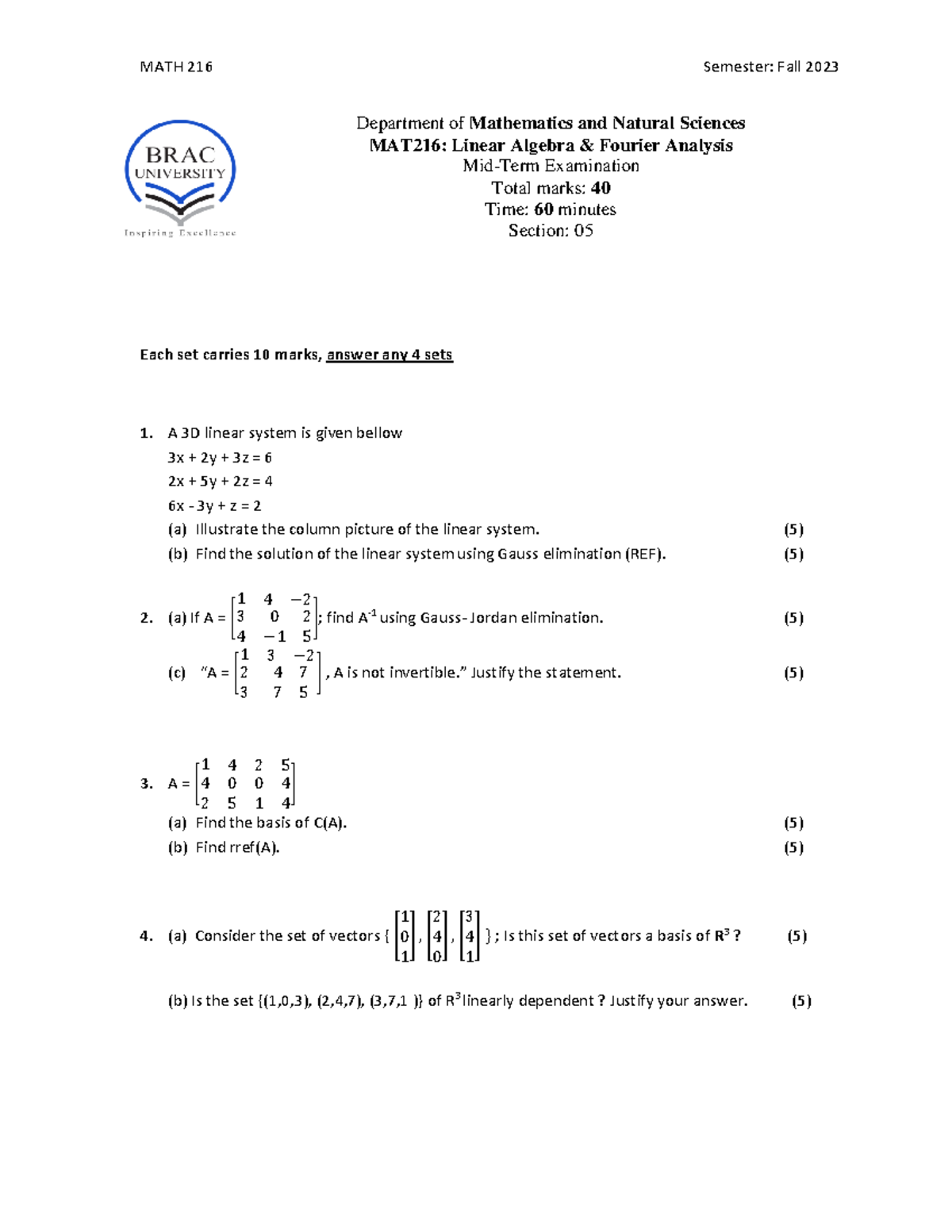 Mid Sec 05 - MATH 216 Semester: Fall 2023 Department of Mathematics and ...