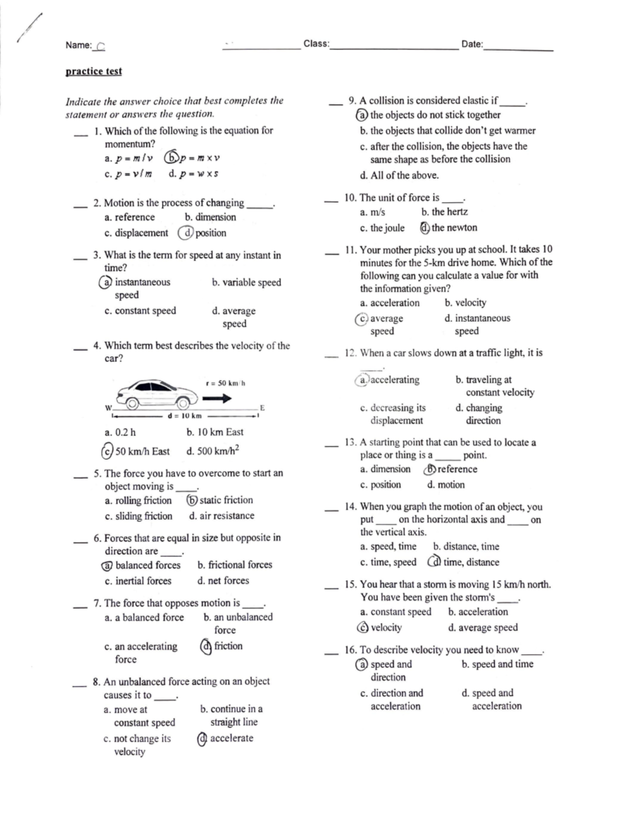 Physics practice test part one - _______ Class: ____________ Date ...