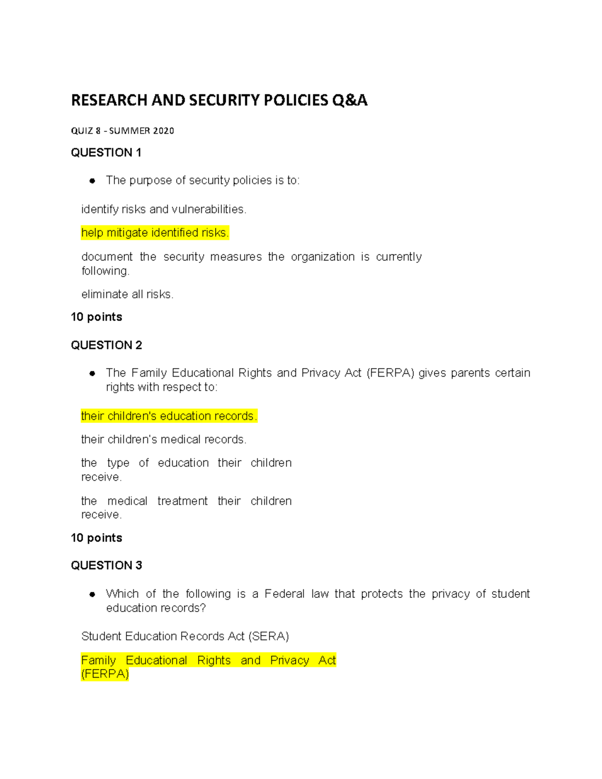 Research policies q&a quiz - RESEARCH AND SECURITY POLICIES Q&A QUIZ 8 ...