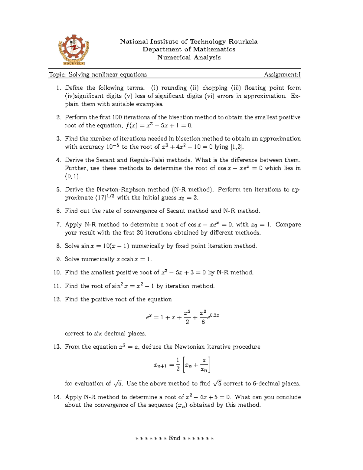 Asgn-1-2019 - National Institute of Technology Rourkela Department of Mathematics Numerical ...