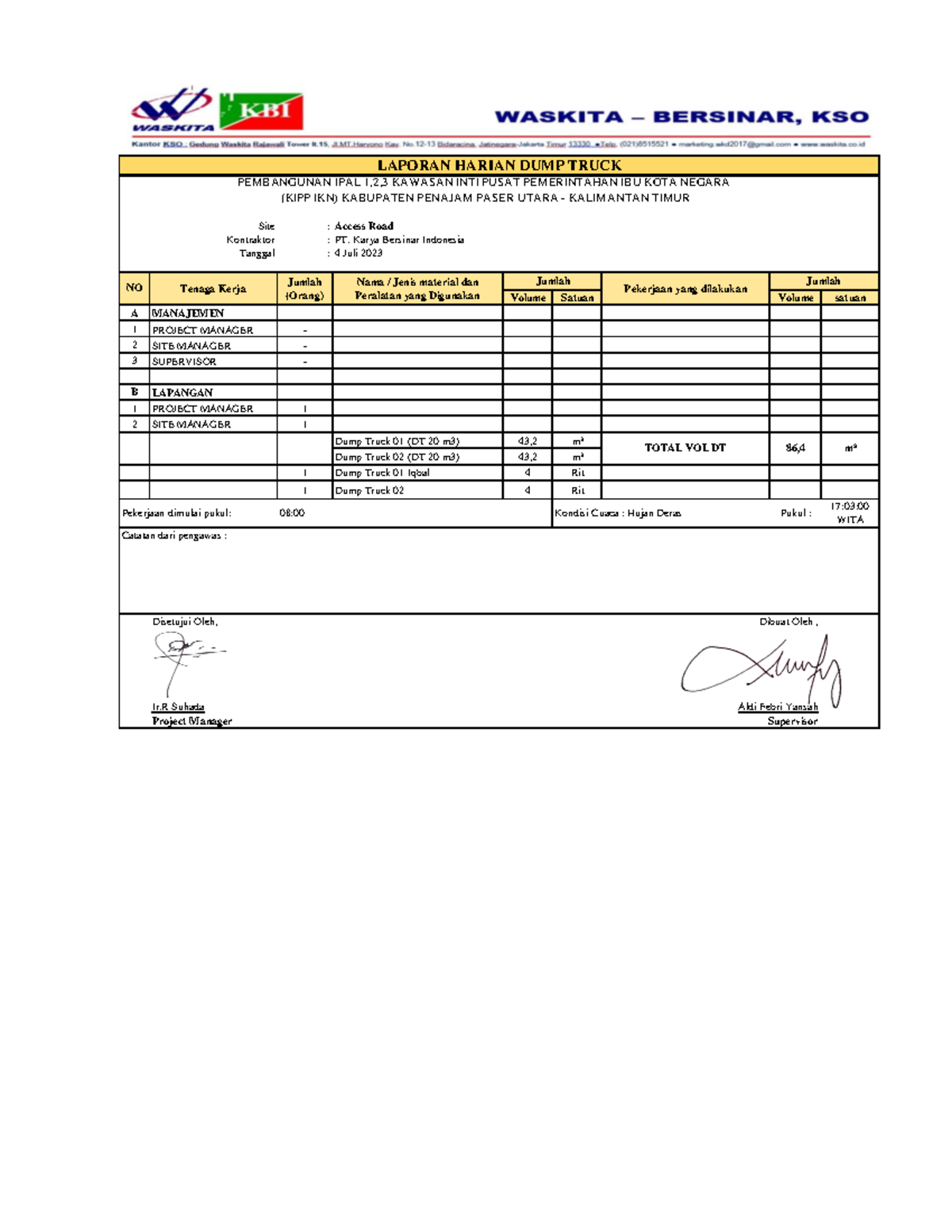 Laporan Dump Truck 04 Juli 2023 - Site : Access Road Kontraktor : PT ...
