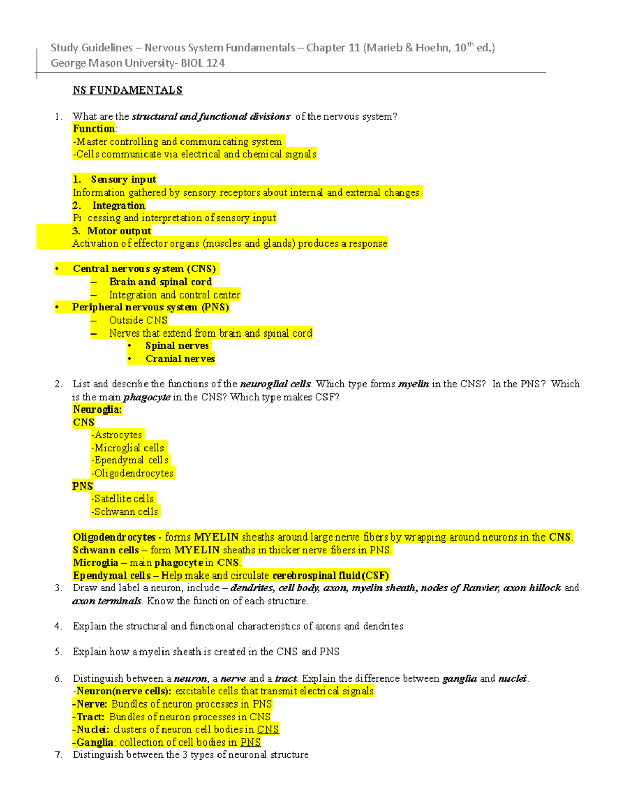 9- NS Fundamentals- Biology 124 - Study Guidelines – Nervous System ...