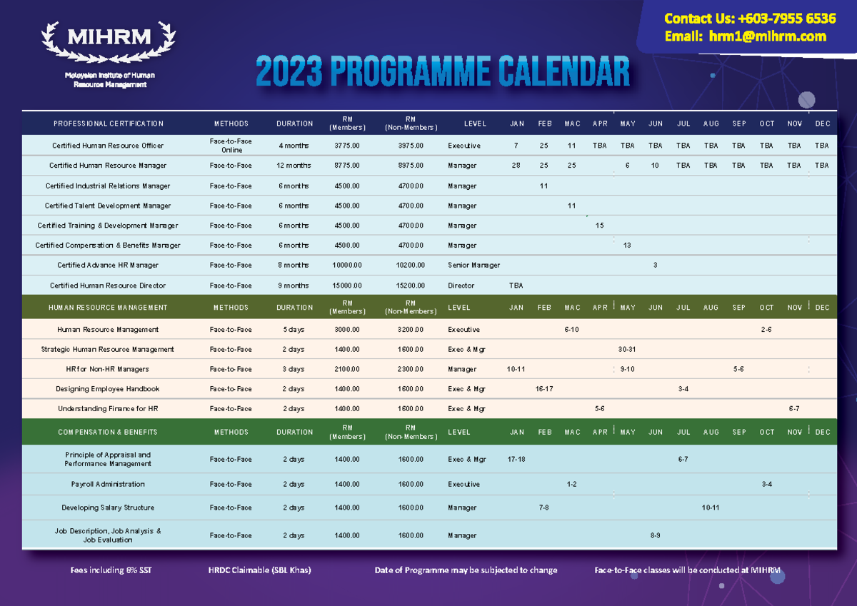 Mihrm 2023 Programme Calendar - PROFESSIONAL CERTIFICATION METHODS ...
