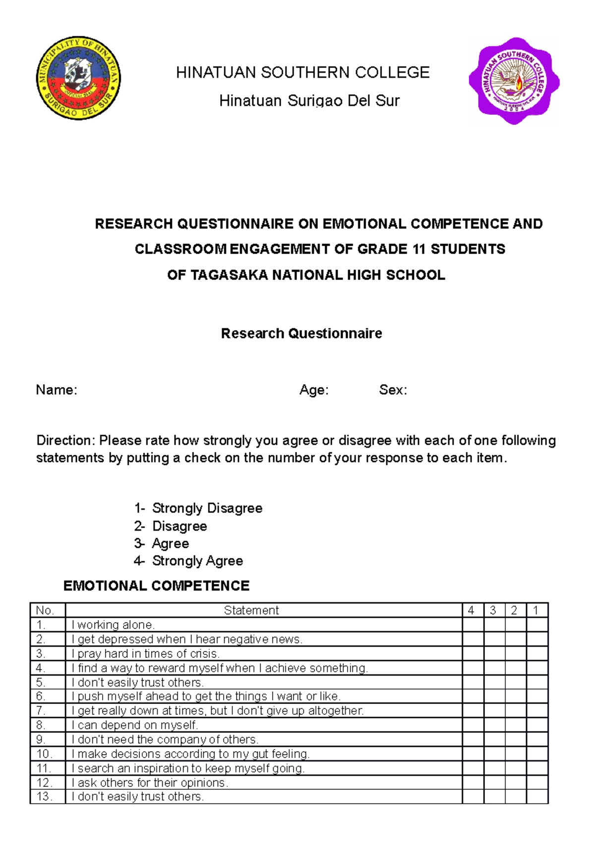 #(1) Thesis- Questionaire - Research Questionnaire Name: Age: Sex ...