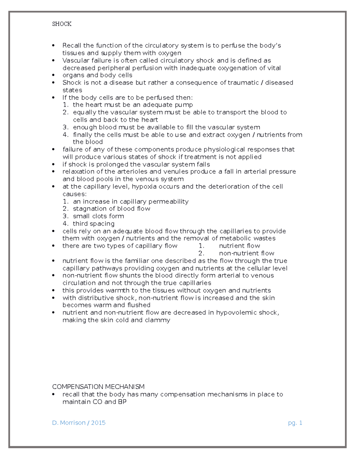 Shock course notes - Recall the function of the circulatory system is ...