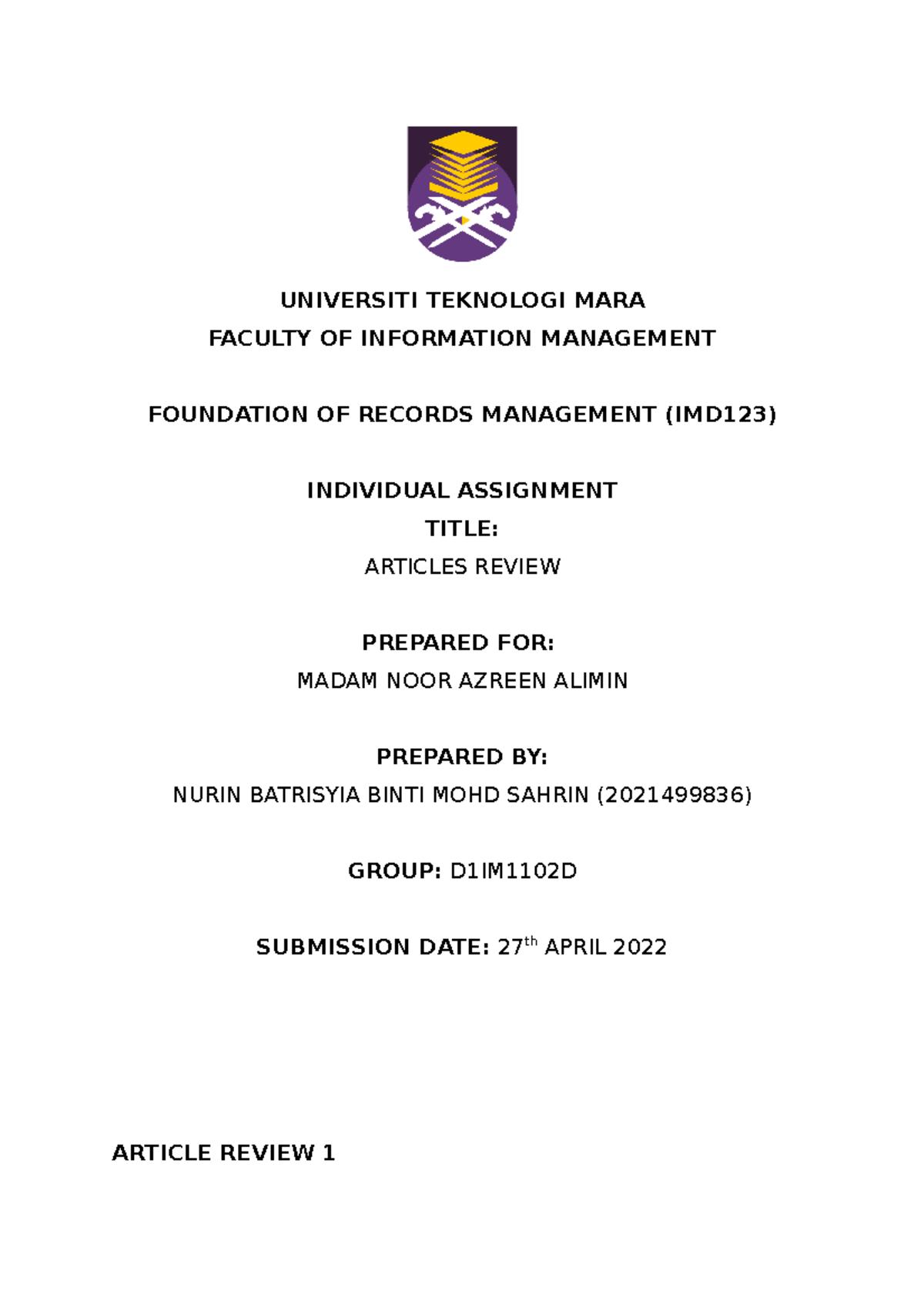 IMD123 Review Article - UNIVERSITI TEKNOLOGI MARA FACULTY OF INFORMATION MANAGEMENT FOUNDATION ...