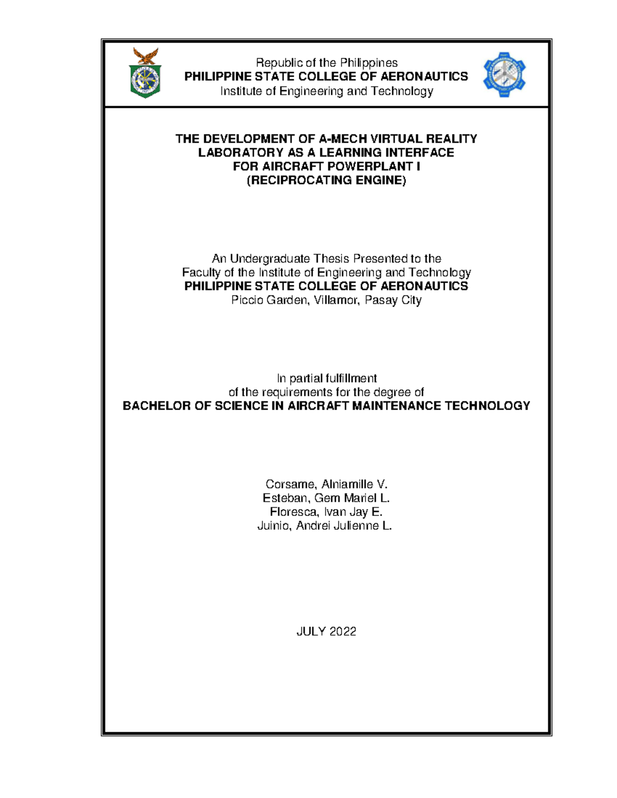 A-MECH VR Laboratory - PHILIPPINE STATE COLLEGE OF AERONAUTICS ...