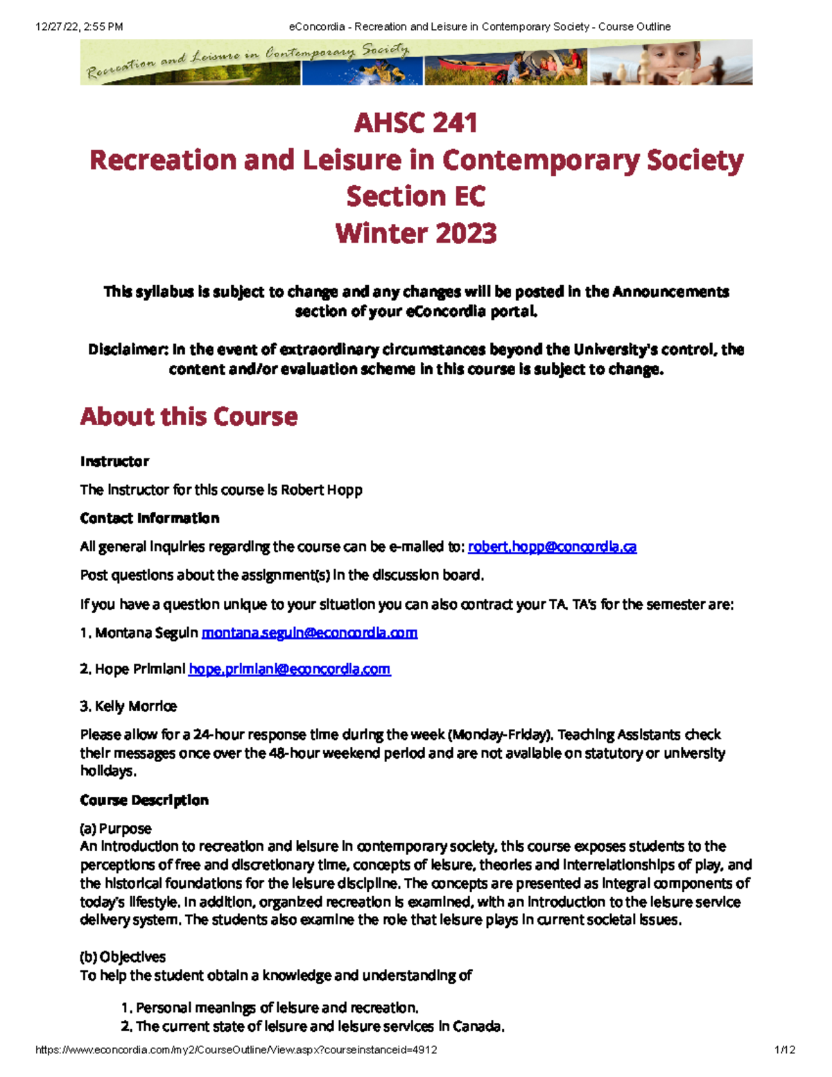 E Concordia - Recreation and Leisure in Contemporary Society - Course ...
