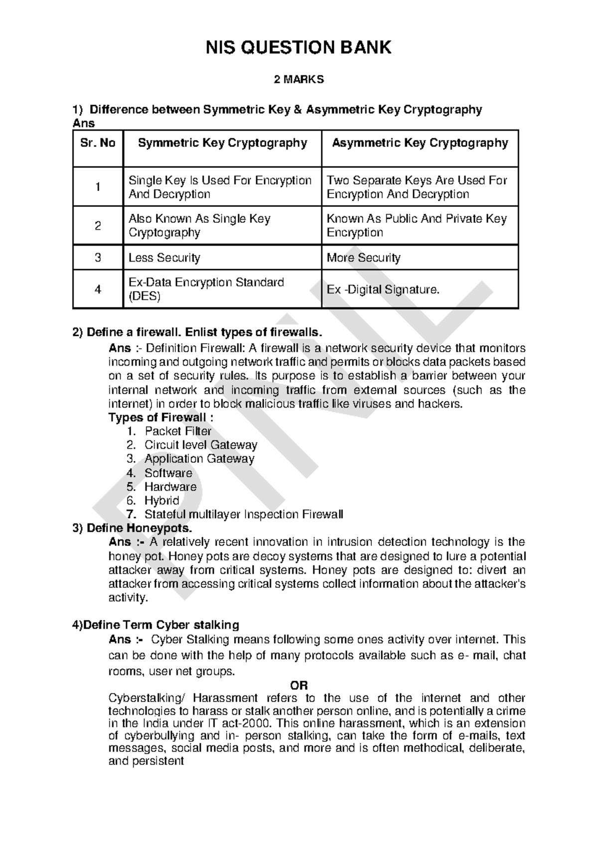 NIS Question BANK Solution - 2 MARKS Difference between Symmetric Key ...