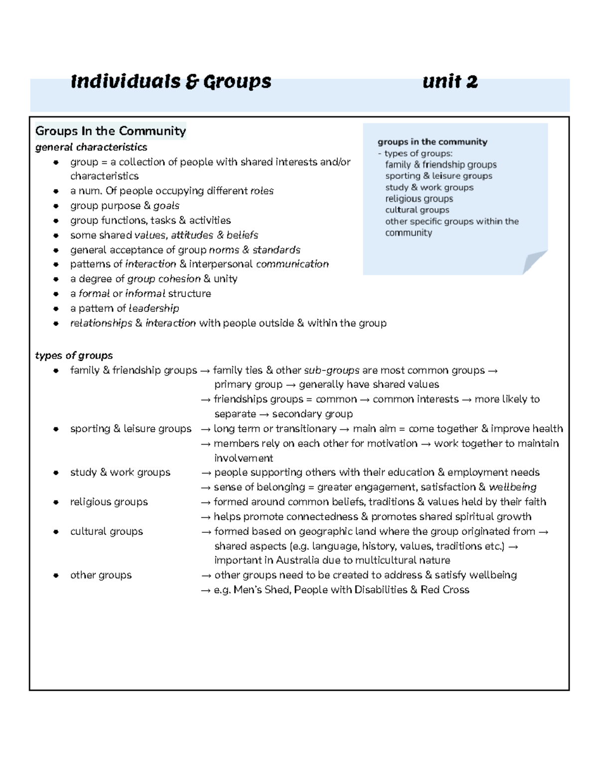 Individuals & groups - Preliminary course - unit study notes ...